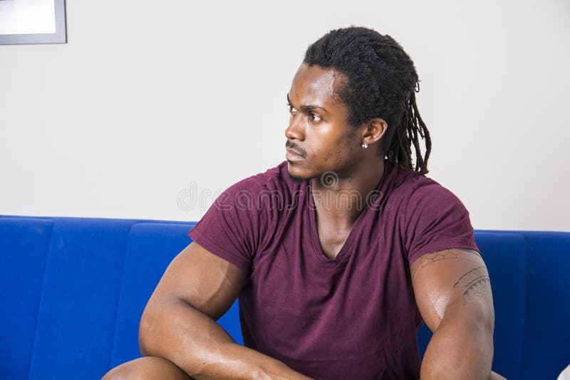 Male Black Man Listening To Music on Sofa Stock Image - Image of couch ...