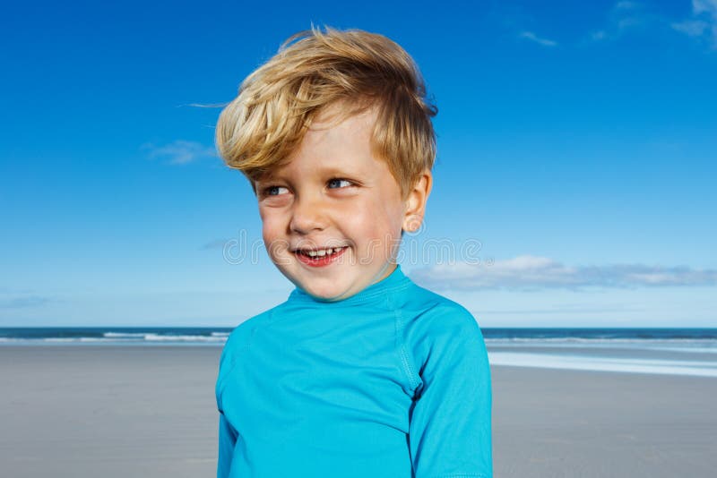 Handsome Blond Boy Pose on the Sand Ocean Beach Stock Image - Image of ...