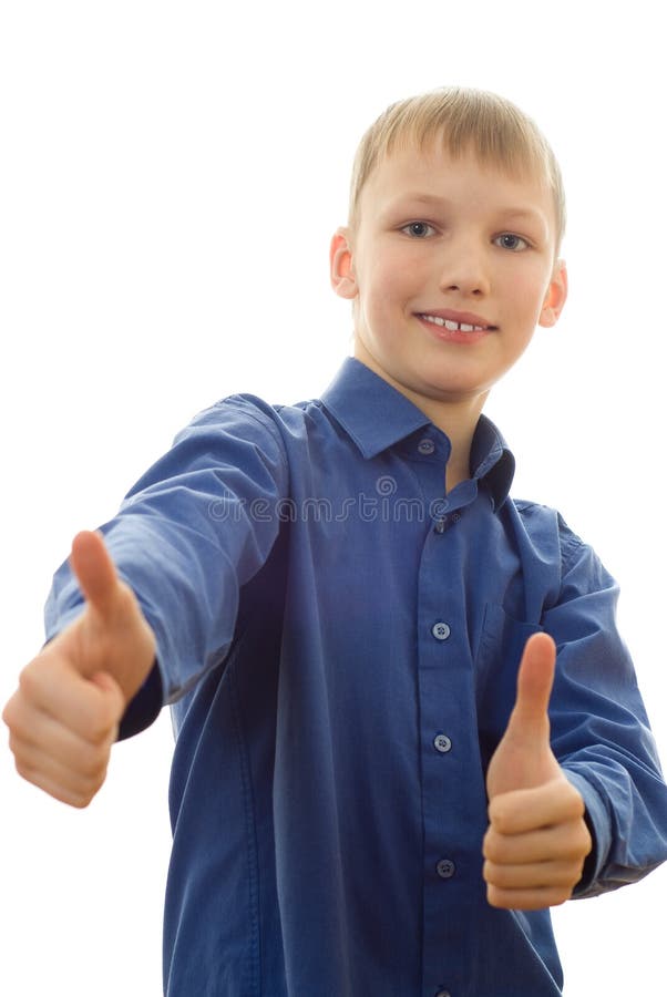 Handsome Boy in a Blue Shirt Stands and Smiles Stock Photo - Image of ...
