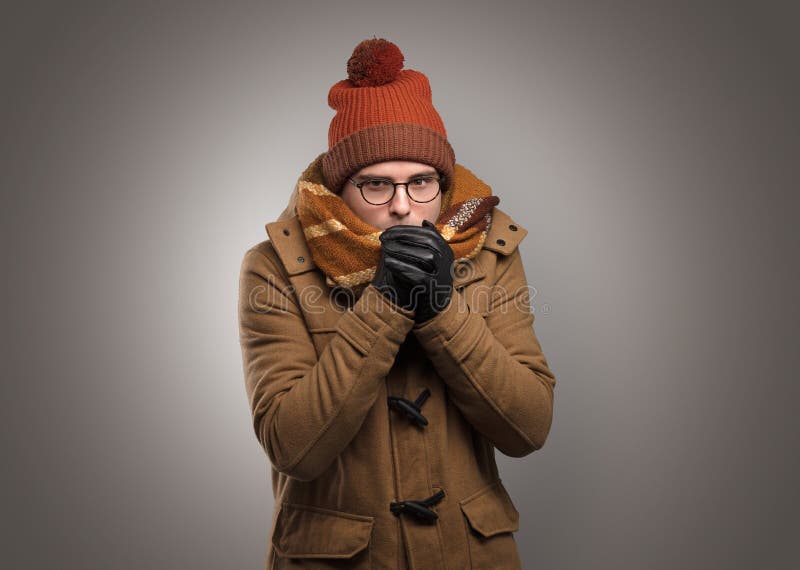 Handsome Boy Freezing in Warm Clothing Stock Photo - Image of funny ...