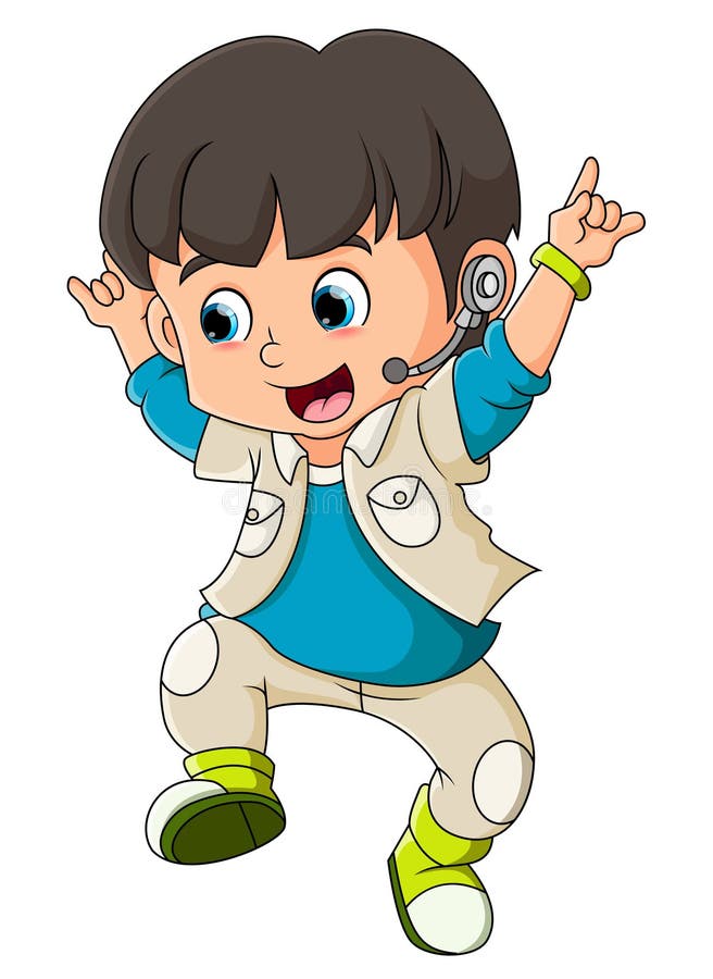 The Handsome Boy is Performing Boy Band on Stage while Wearing Head Mic ...