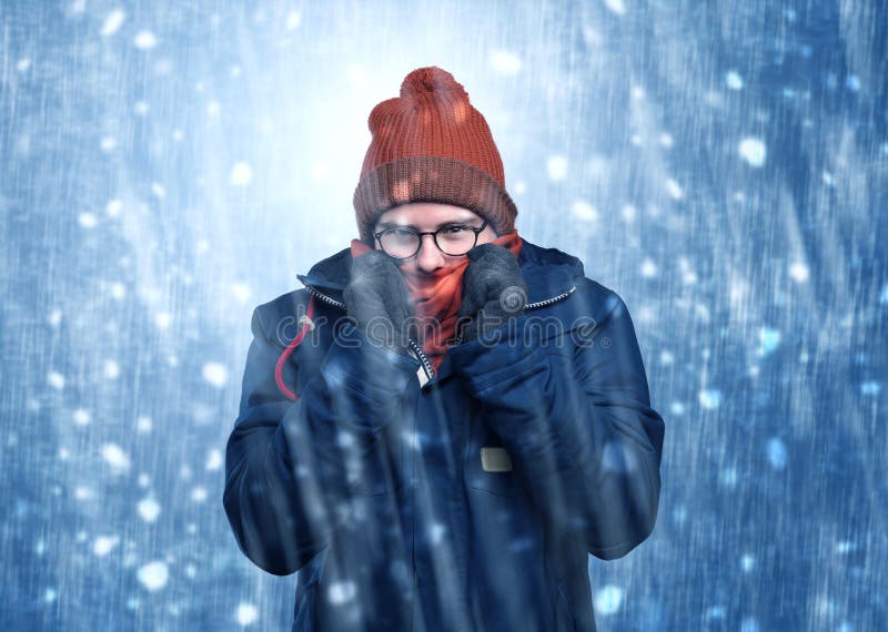 Handsome Boy Shivering at Snowstorm Concept Stock Photo - Image of male ...