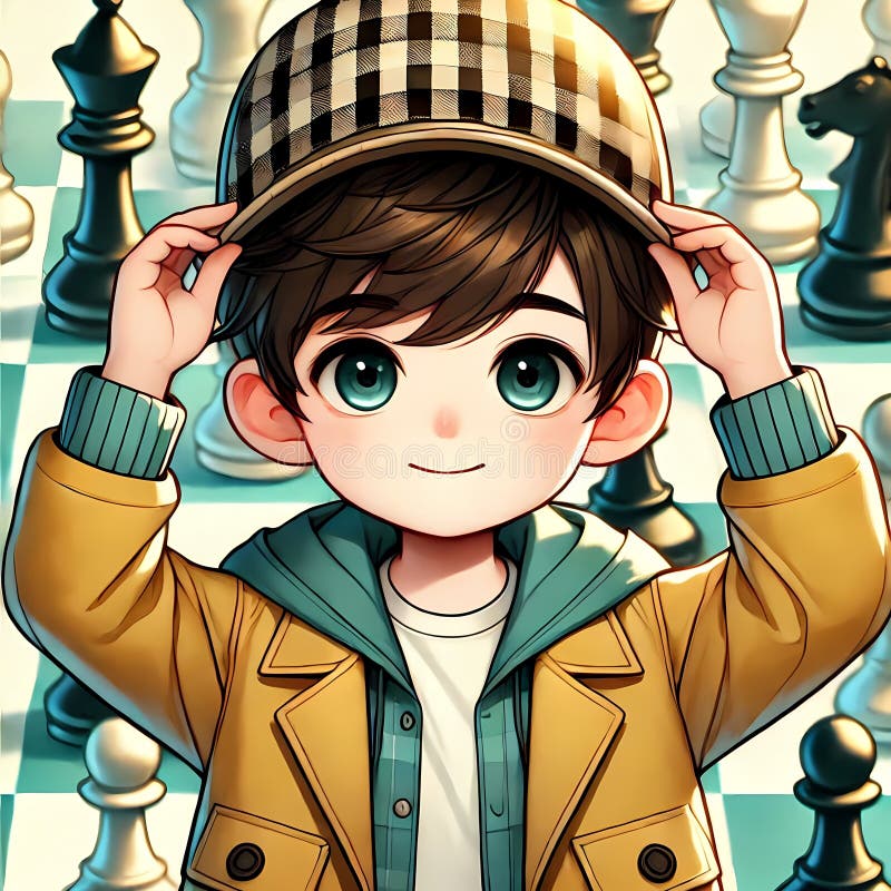 A Handsome Boy Wearing Stylish Jacket and Hat, in Cute Pose, with Chess ...