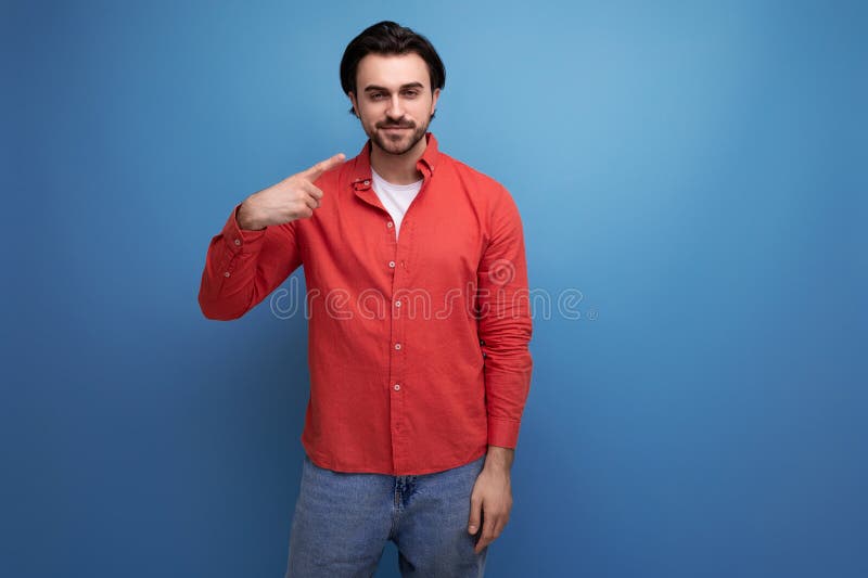Handsome Brutal Young Brunette Man in Red Shirt Stock Photo - Image of ...