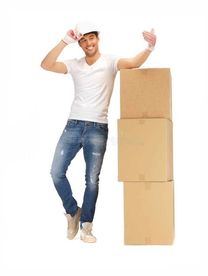 Handsome Builder with Big Boxes Stock Image - Image of packaging ...