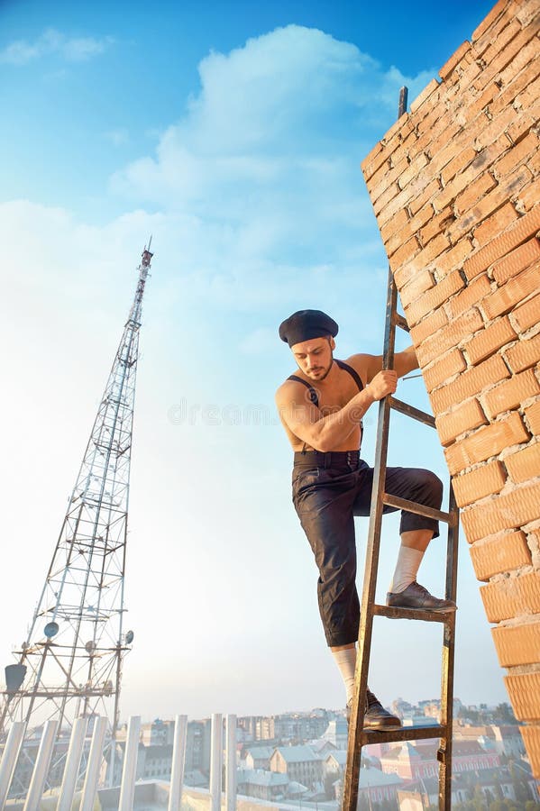 Handsome Builder Climb on Ladder Up. Stock Photo - Image of manual ...