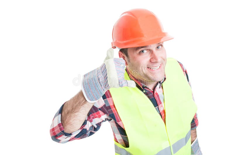 Handsome Builder Doing a Call Gesture Stock Photo - Image of calling ...