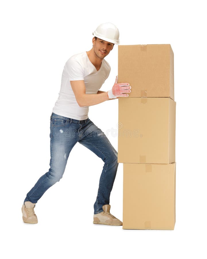 Handsome Builder Moving Big Boxes Stock Photo - Image of package, human ...