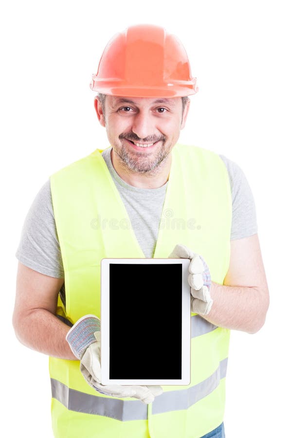 Handsome Builder Showing Modern Tablet with Blank Screen Stock Image ...