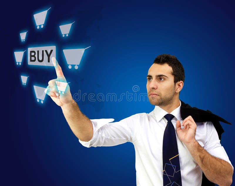 Handsome Businessman Pointing To The Buy Icon Stock Photo - Image of ...