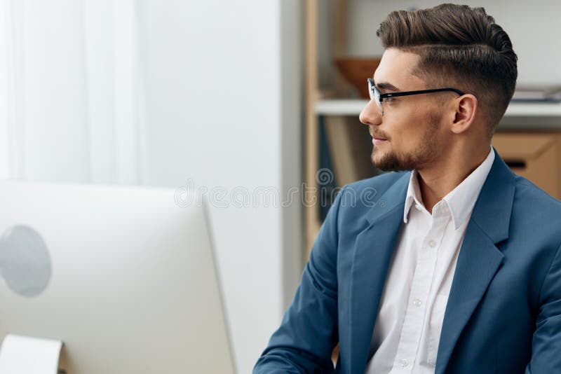 Handsome Businessman Sitting at the Computer Work Boss Workplace Stock ...