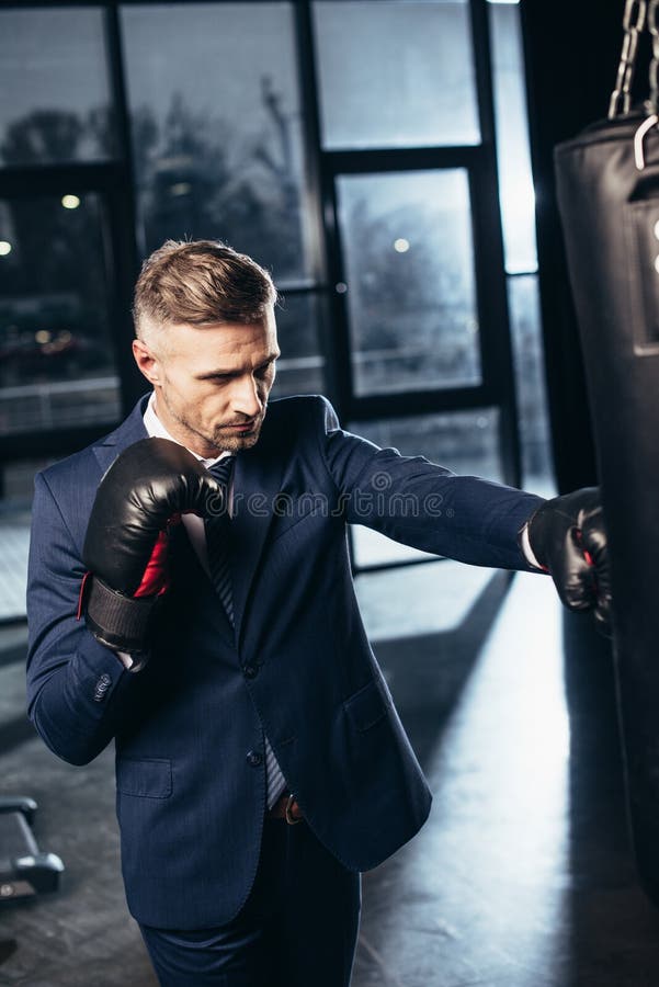 Handsome Businessman in Suit Boxing Stock Image - Image of copyspace ...