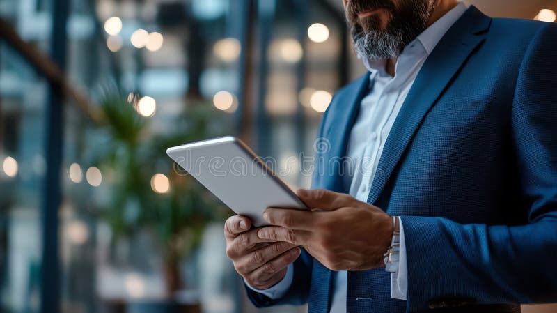 Handsome Businessman in Suit Holding Tablet Computer, Smiling while ...
