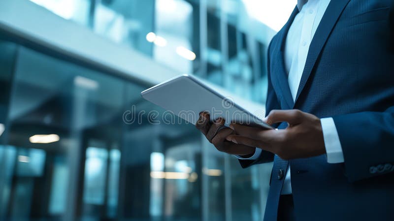 Handsome Businessman in Suit Holding Tablet Computer, Smiling while ...