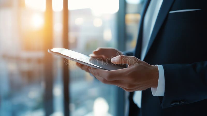 Handsome Businessman in Suit Holding Tablet Computer, Smiling while ...