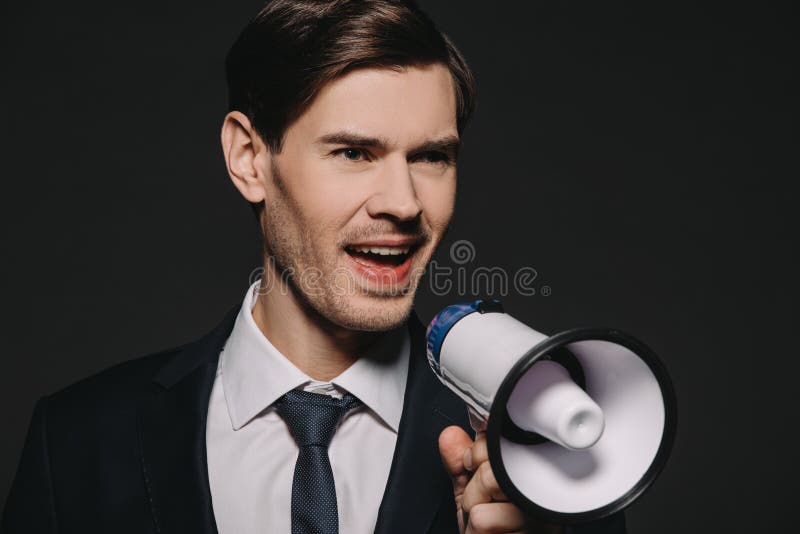 Handsome Businessman in Suit Screaming in Megaphone Isolated Stock ...
