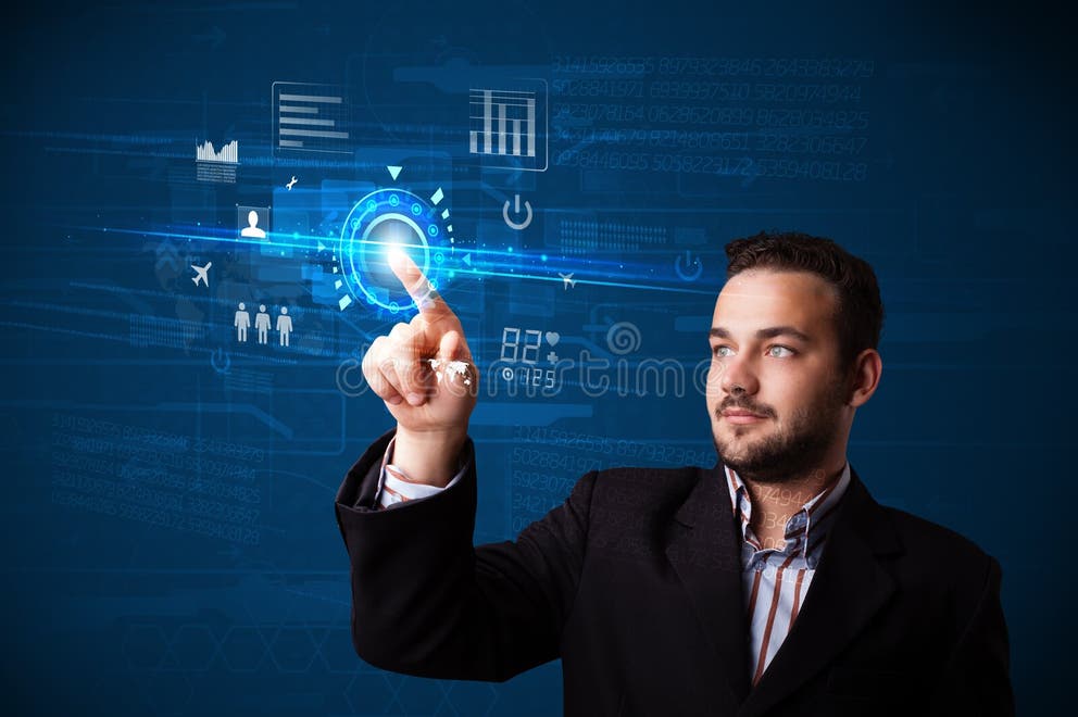 Handsome Businessman Touching Future Web Technology Buttons and Stock ...
