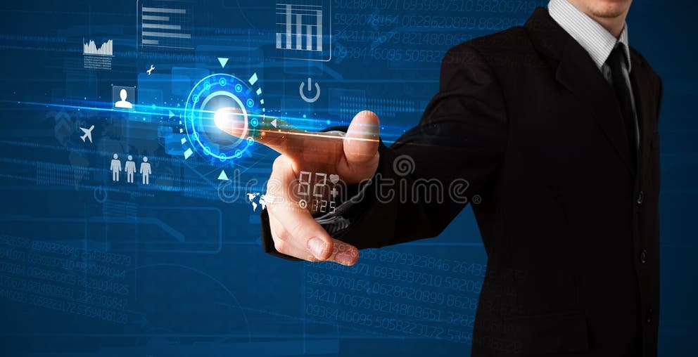 Handsome Businessman Touching Future Web Technology Buttons and Stock ...