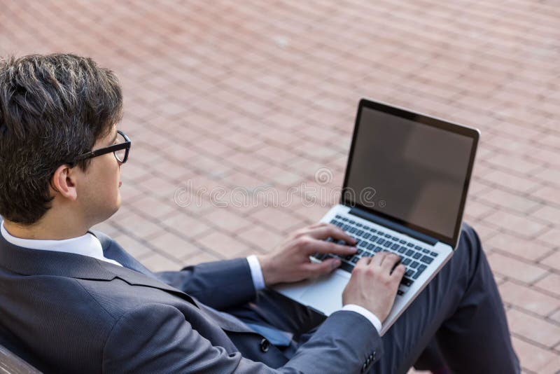 Handsome Businessman Using Laptop Side Stock Photo - Image of mockup ...
