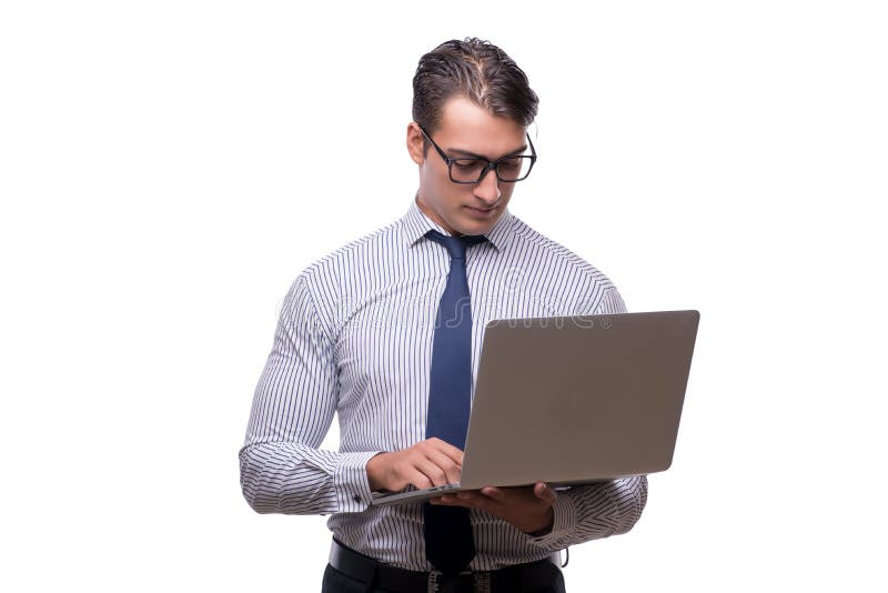 Handsome Businessman Working with Laptop Computer Isolated on Wh Stock ...