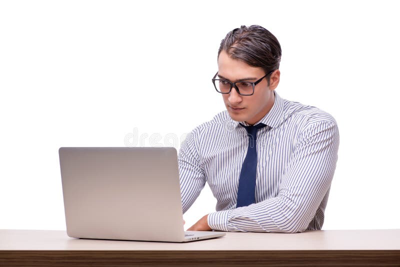 Handsome Businessman Working with Laptop Computer Isolated on Wh Stock ...