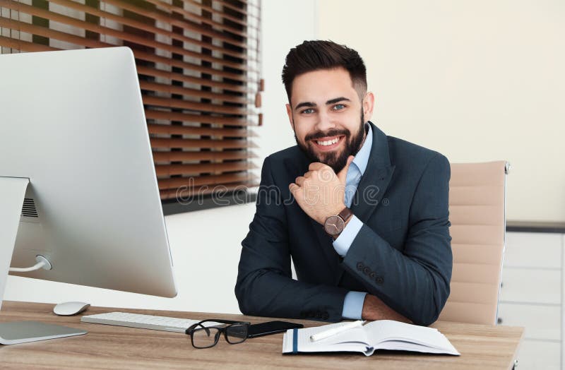 Handsome Businessman Working at Table Stock Photo - Image of company ...