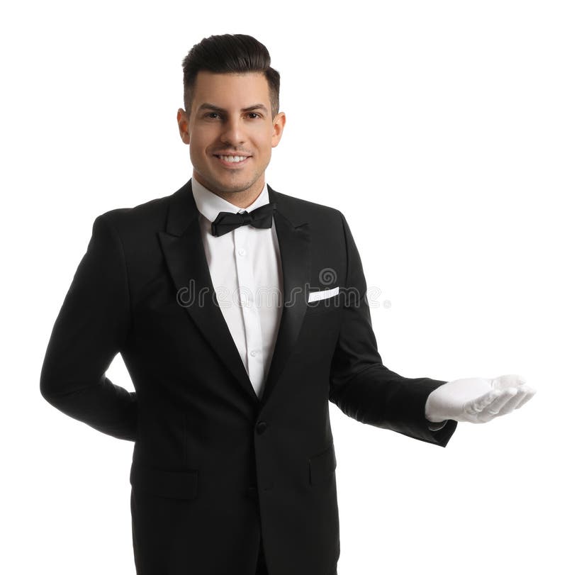 Handsome Butler in Elegant Uniform on White Background Stock Image ...