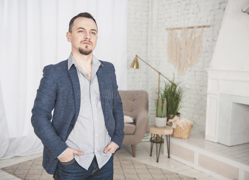 Handsome Calm Man Standing at Home Stock Photo - Image of border ...