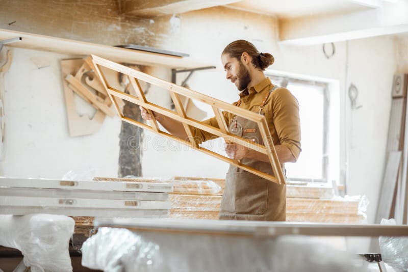 Carpenter with Window Frame at the Workshop Stock Photo - Image of ...
