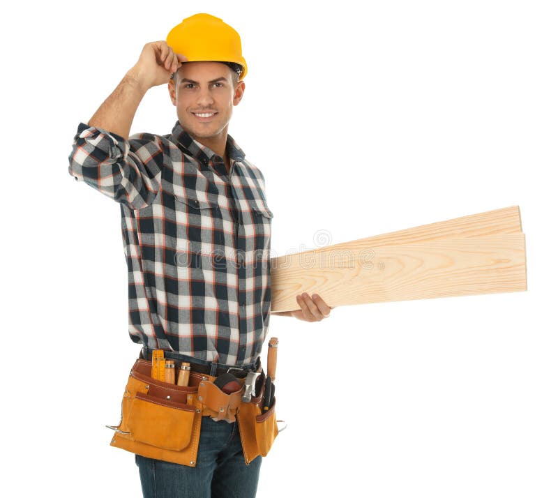 Handsome Carpenter with Wooden Planks Isolated Stock Image - Image of ...