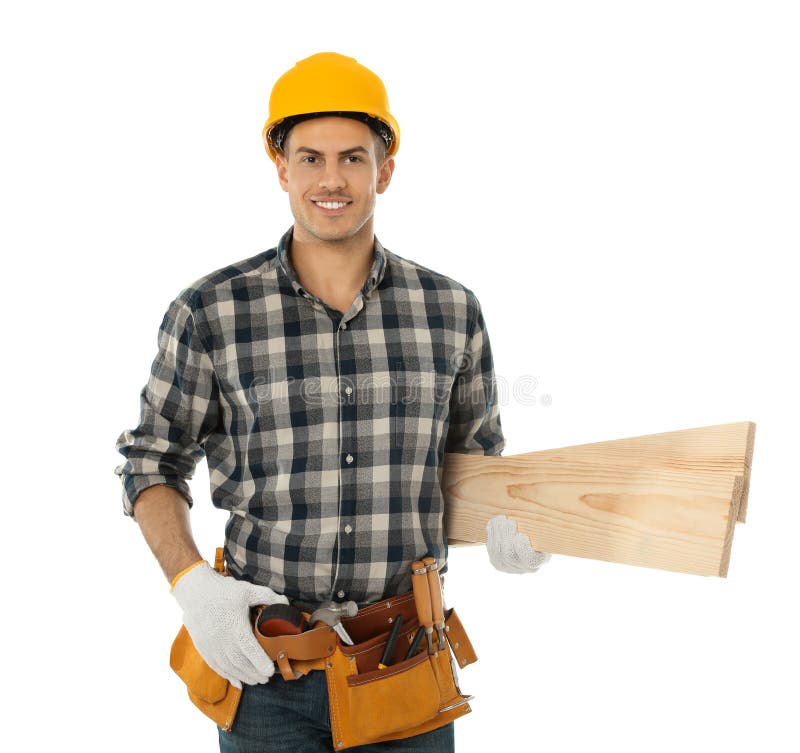 Handsome Carpenter with Wooden Planks Isolated Stock Image - Image of ...