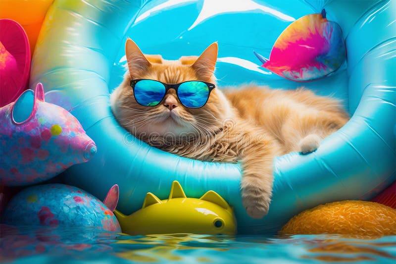 Handsome Cat Chilling on a Pool Float and Playing with Toy Fish ...