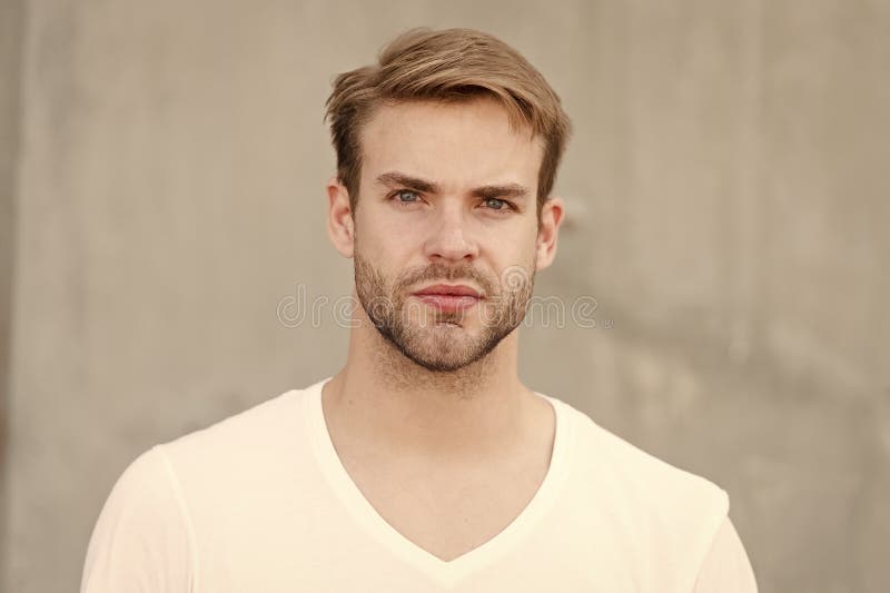 Handsome Caucasian Man Gray Background Bearded Guy Casual Style Close