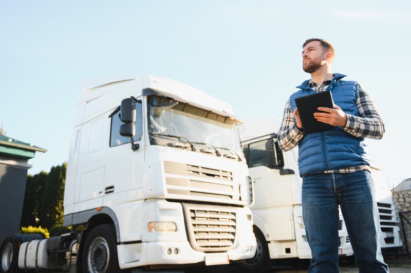 Handsome Caucasian Man Wearing Red Cap Standing Next Trucks Using ...