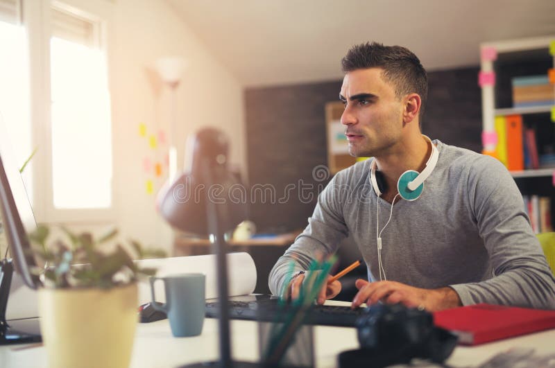 Handsome Caucasian Man at Work Desk Stock Photo - Image of leader ...