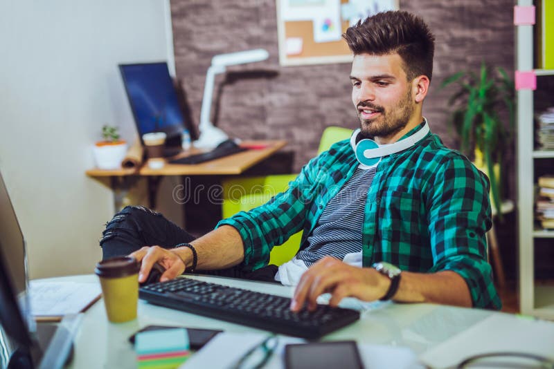Handsome Caucasian Man at Work Stock Photo - Image of attractive, media ...