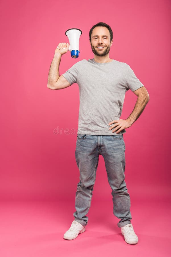 Handsome Cheerful Man Holding Megaphone, Isolated Stock Photo - Image ...