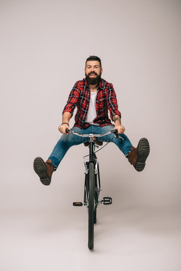 Handsome Cheerful Man Riding Bike Isolated Stock Image - Image of happy ...