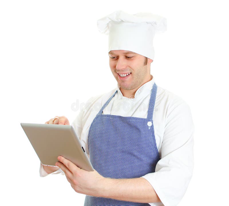 Happy Chef Holding Tablet Computer Stock Photo - Image of service ...