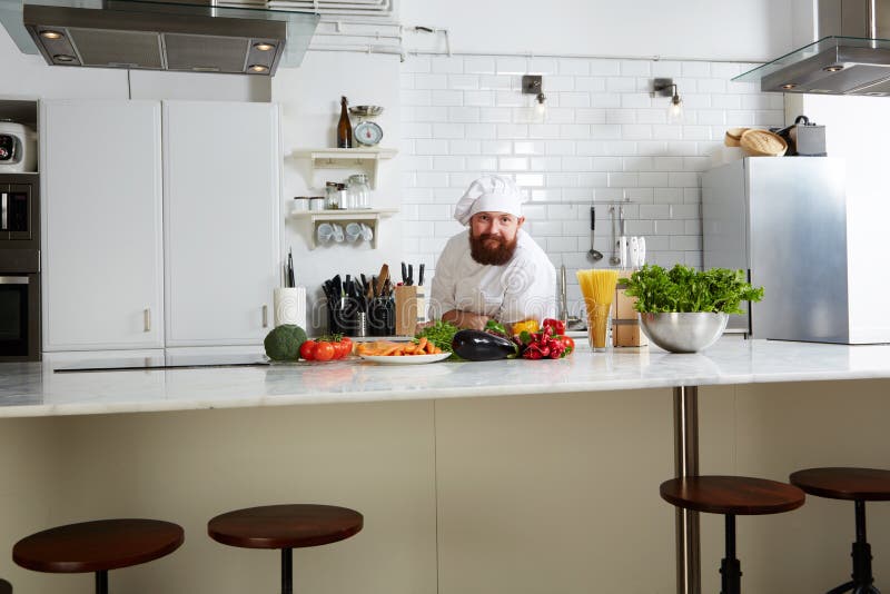 Handsome Chef in Uniform Standing on Big Kitchen Stock Photo - Image of ...