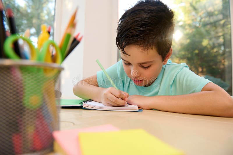 Portrait of a Smart Pupil, Schoolboy at Classroom Makings Notes while ...