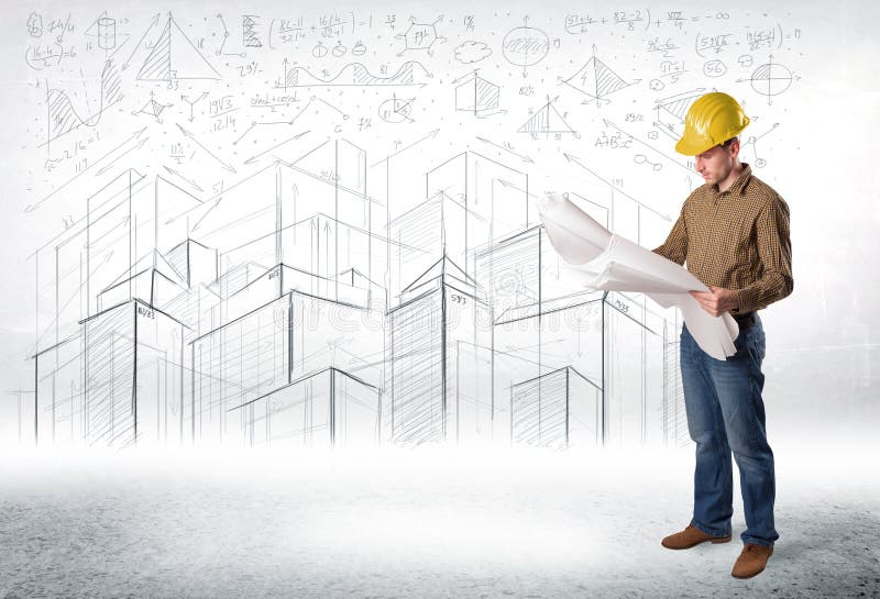 Handsome Construction Specialist with City Drawing in Background Stock ...