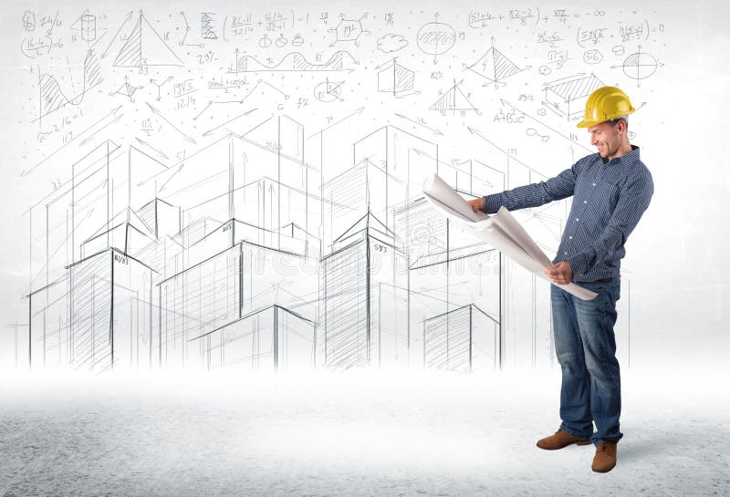 Handsome Construction Specialist with City Drawing in Background Stock ...