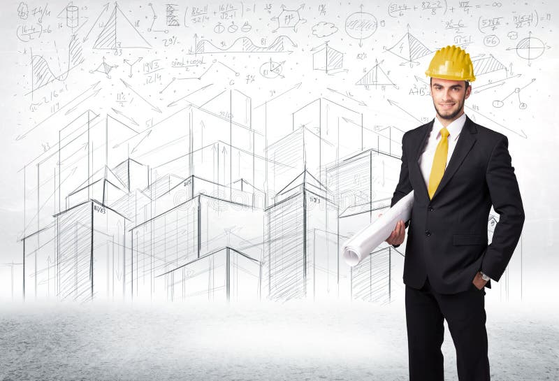 Handsome Construction Specialist with City Drawing in Background Stock ...