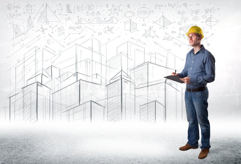 Handsome Construction Specialist with City Drawing in Background Stock ...