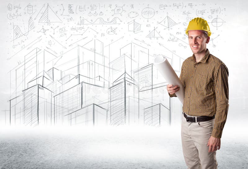 Handsome Construction Specialist with City Drawing in Background Stock ...