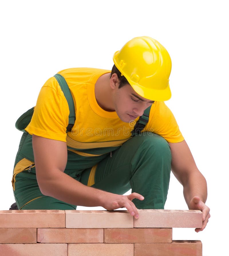 The Handsome Construction Worker Building Brick Wall Stock Photo ...
