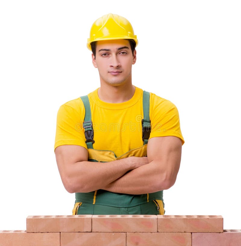 The Handsome Construction Worker Building Brick Wall Stock Photo ...