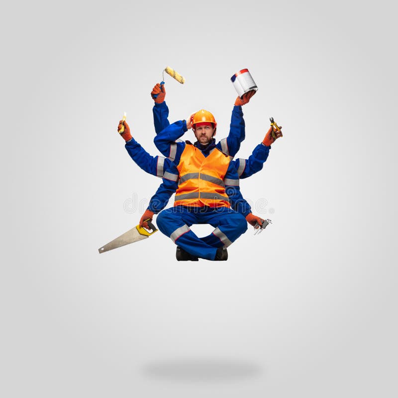Handsome Contractor, Multi-armed Builder Levitating Isolated on Grey ...