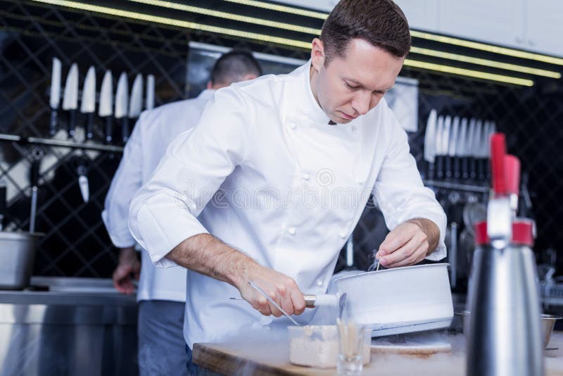 Handsome Cook Preparing a Tasty Unusual Dish Stock Photo - Image of ...